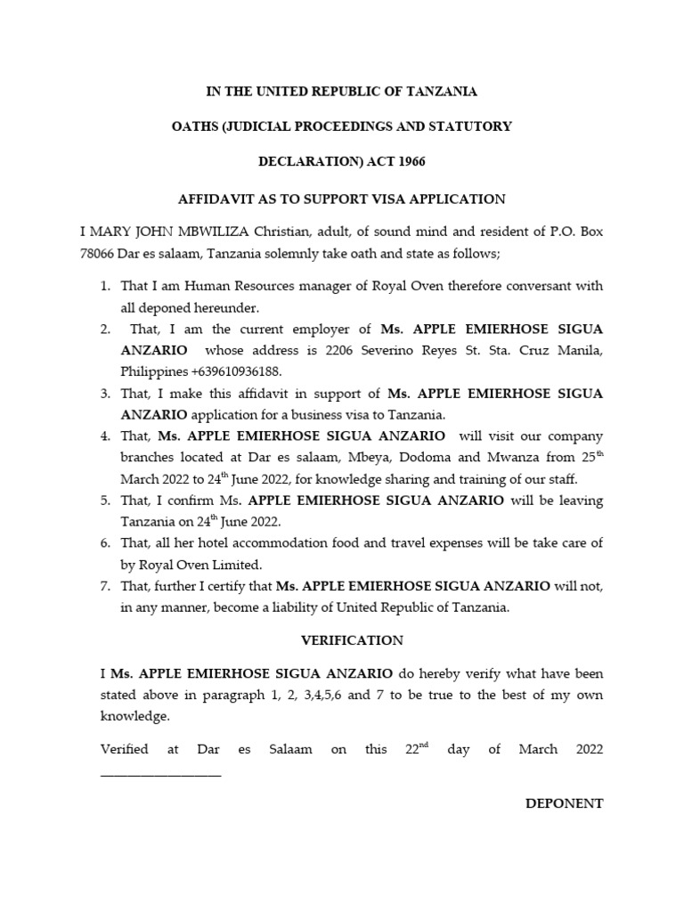 Affidavit To Support Visa Application | PDF