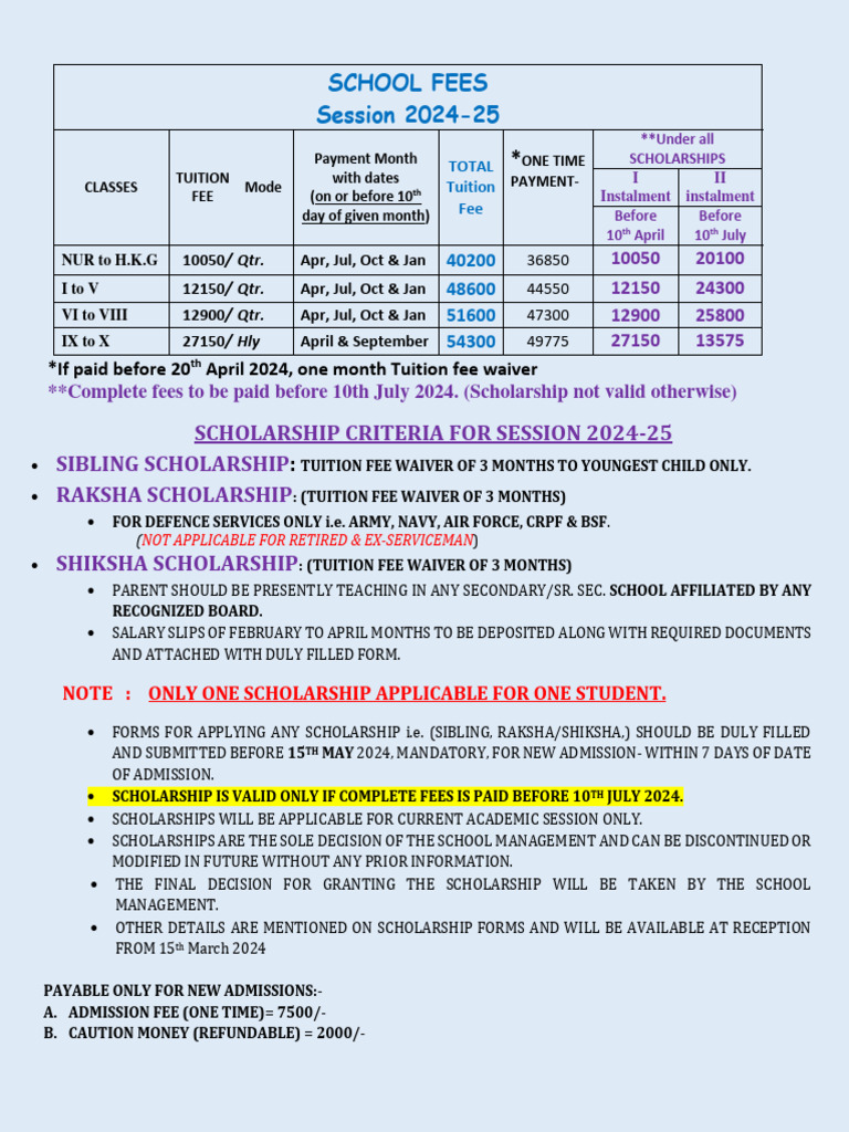 Fee Structure and Scholarship Criteria For Session 2024-25 | PDF | Payments