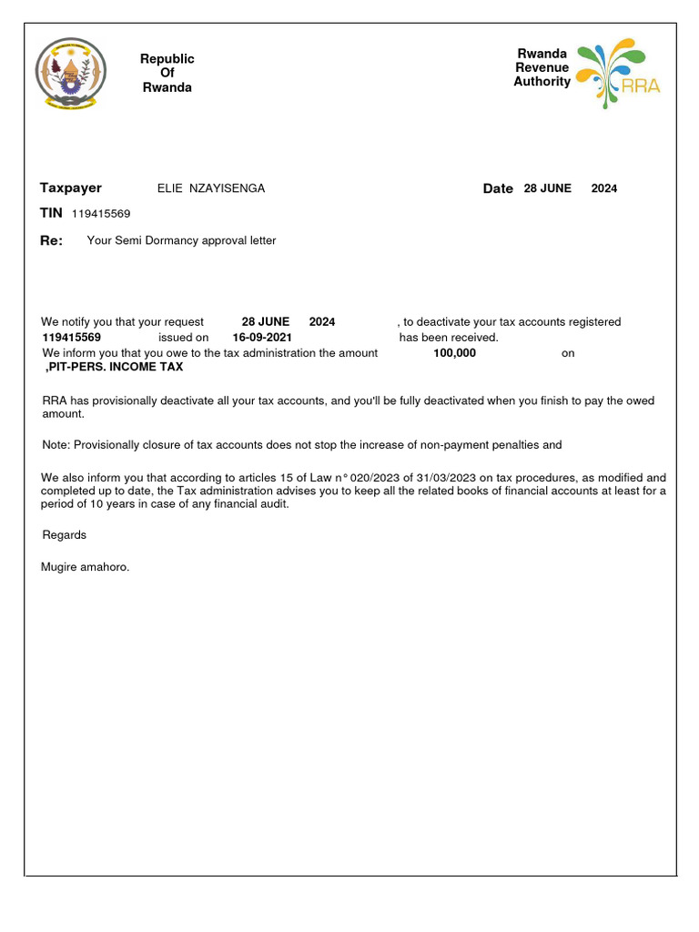 Taxpayer TIN Date: Rwanda Revenue Authority Republic of Rwanda | PDF