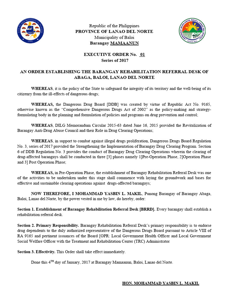 Barangay Drug Rehab Desk Order | PDF | Social Aspects Of Psychoactive Drugs
