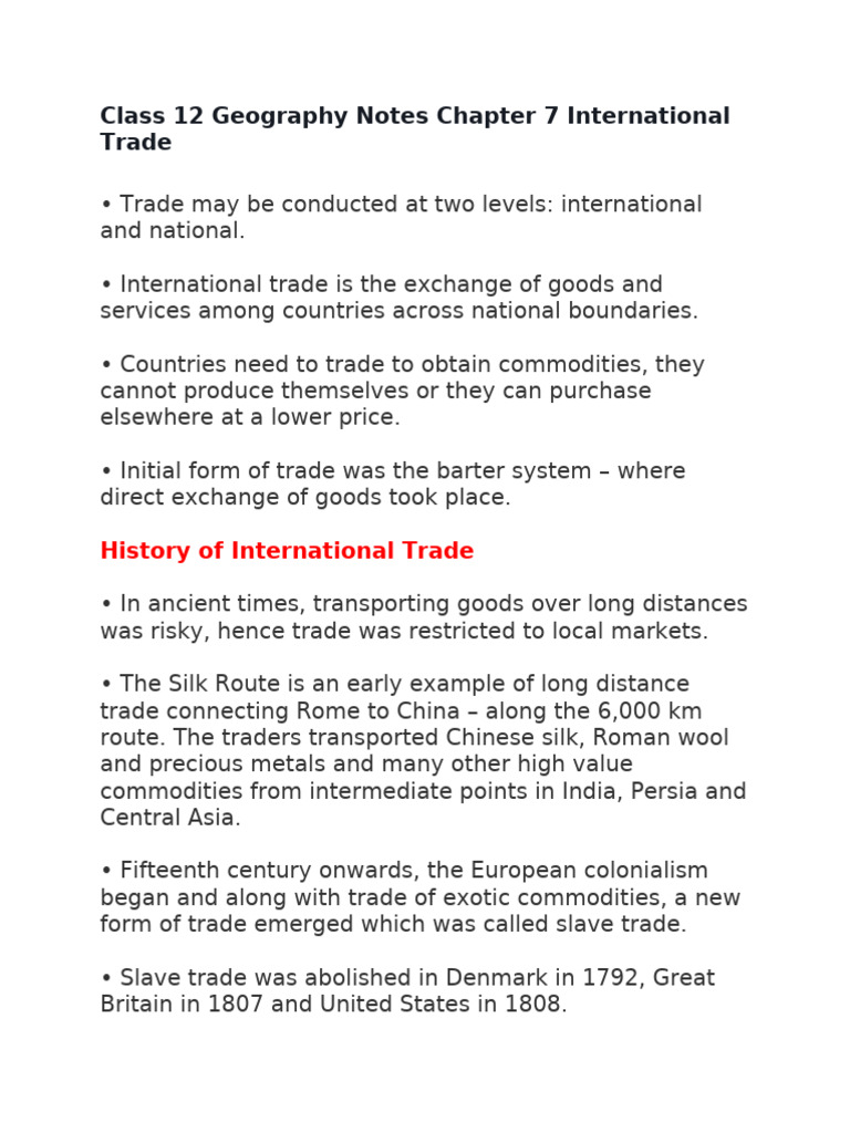 Class 12 Geography Notes Chapter 7 International Trade | PDF | World ...