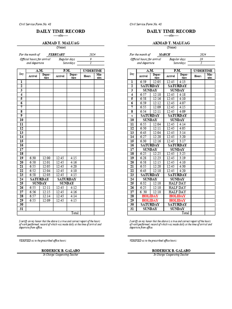 Daily Time Record Daily Time Record: Akmad T. Maluag Akmad T. Maluag | PDF
