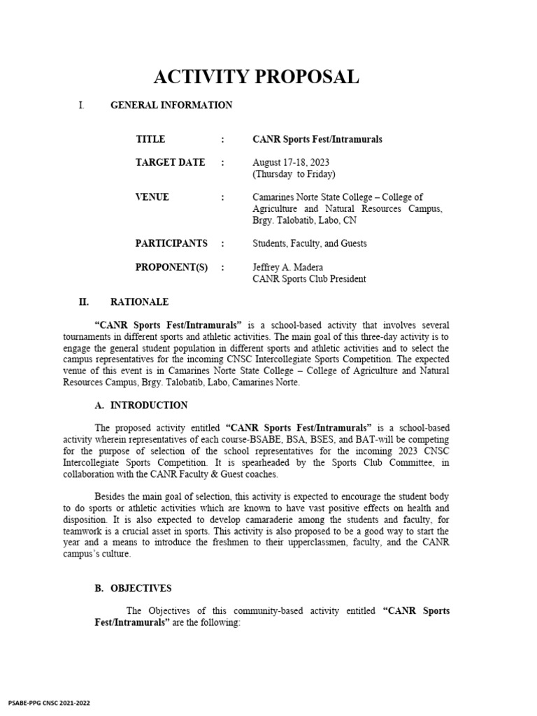 Canr Intrams Proposal | PDF | Sports