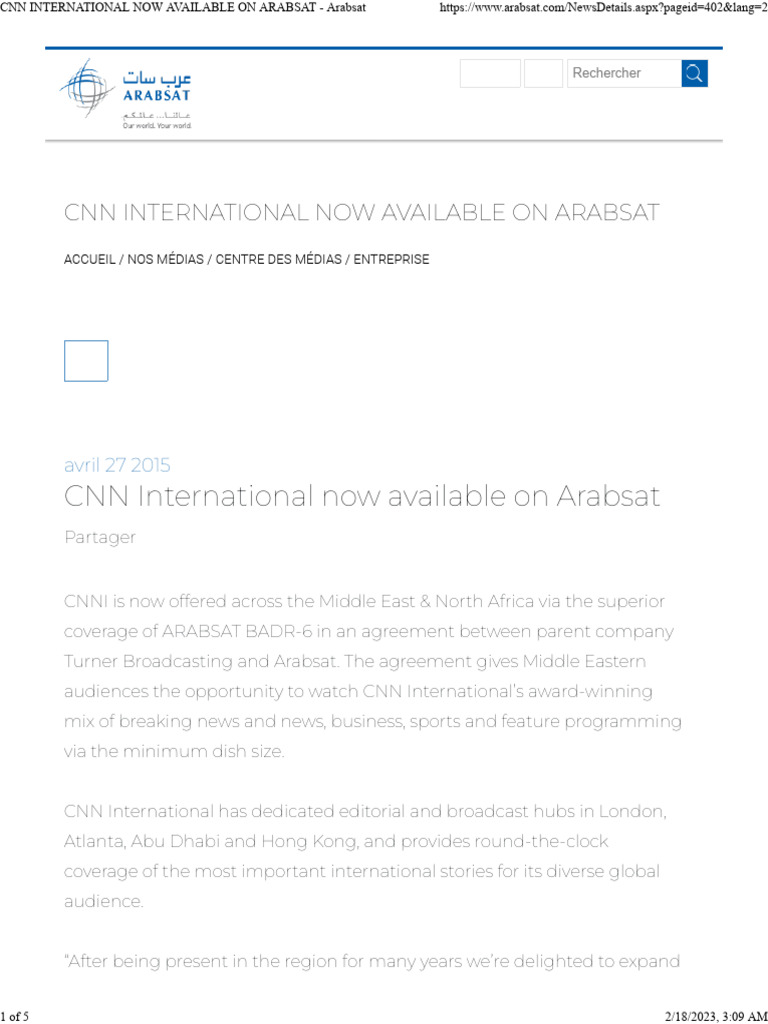 CNN INTERNATIONAL NOW AVAILABLE ON ARABSAT - Arabsat | PDF | Cnn | Mass ...