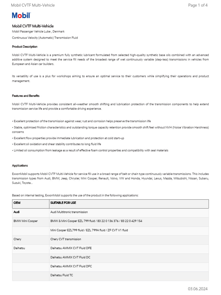 EU XX Mobil CVTF Multi Vehicle | PDF | Exxon Mobil | Vehicle Technology