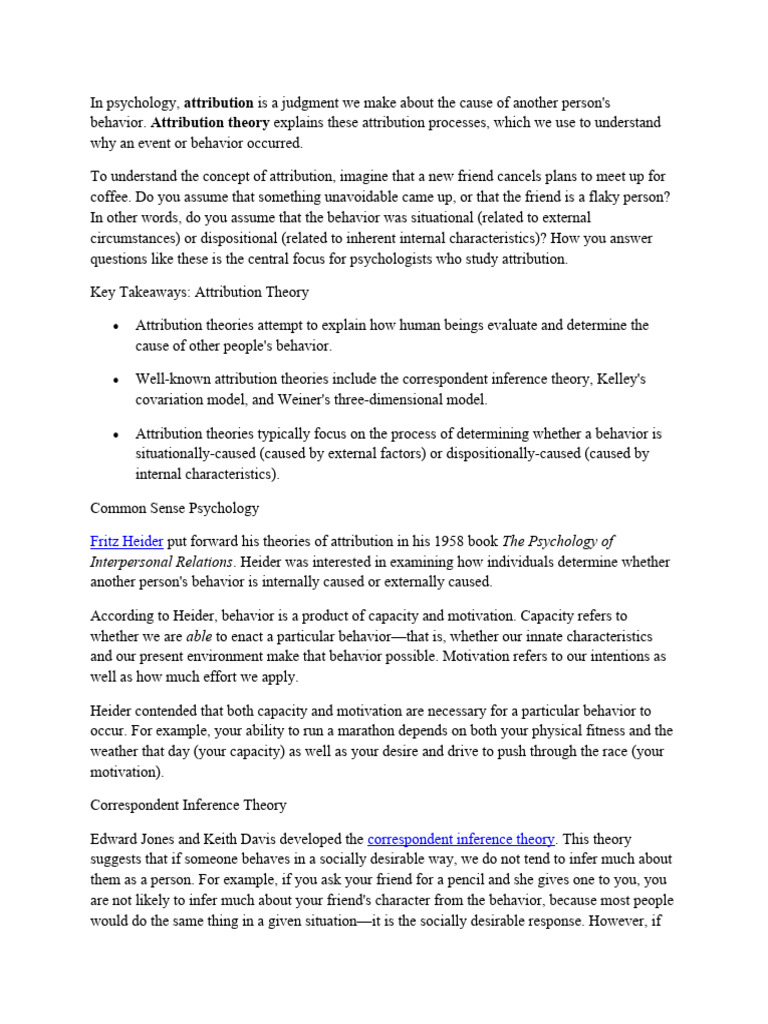 Attribution | PDF | Behavioural Sciences | Psychological Theories