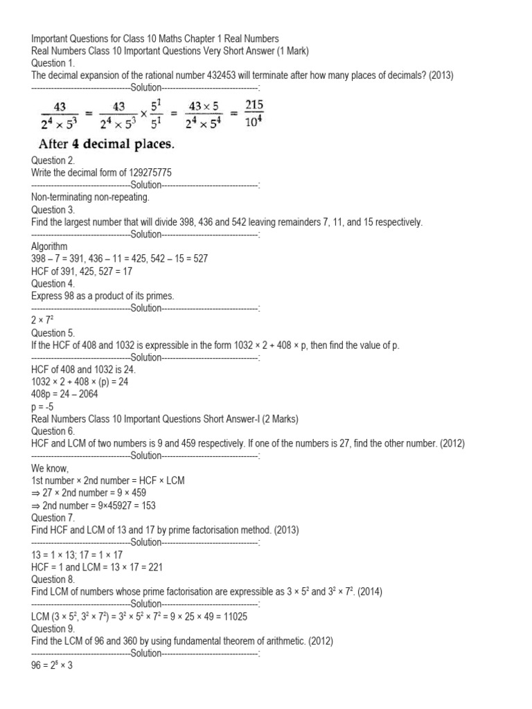 Important Questions For Class 10 Maths Chapter 1 Real Numbers | PDF | Factorization | Numbers