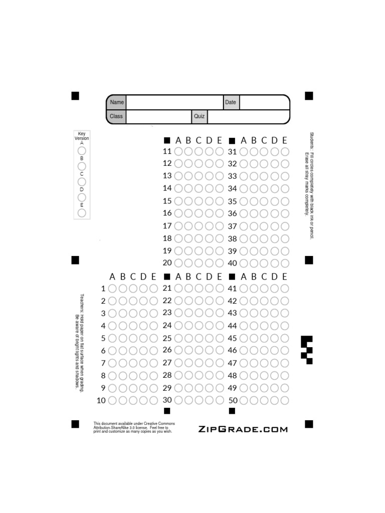 ZipGrade 50-Item Answer Sheet | PDF | Stationery