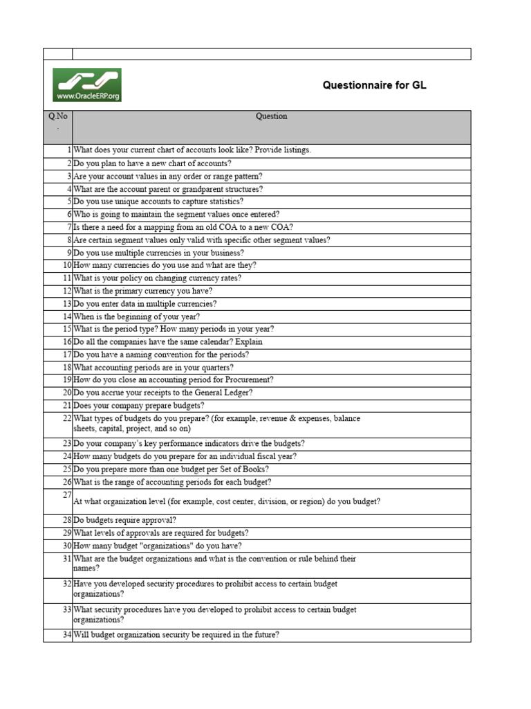 Oracle Gl Questionnaire Pdf Financial Statement Accounting