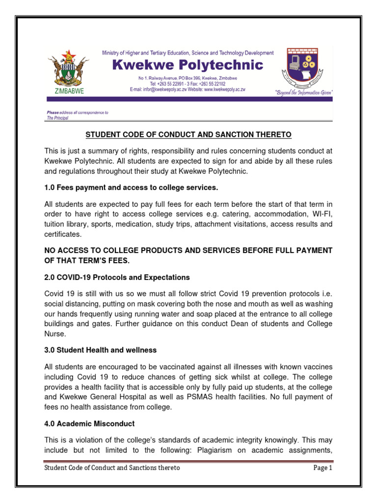 Kwekwe Poly Student Code of Conduct and Sanction Thereto | PDF ...