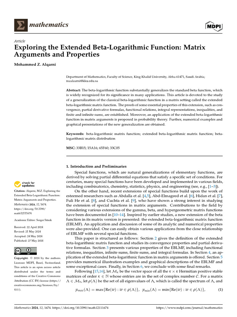 Exploring The Extended Beta-Logarithmic Function M | PDF | Function (Mathematics) | Matrix ...