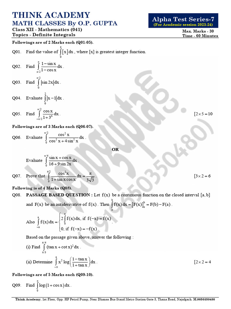 ATS-XII-7-Definite Integrals | PDF | Trigonometric Functions | Integral