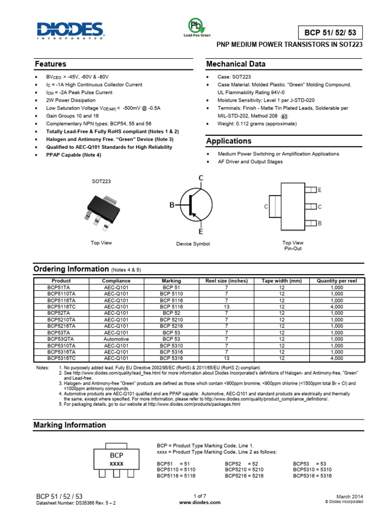 BCP52 BCP5210 BCP5216 BCP53 Thru BCP53TA | PDF | Bipolar Junction ...