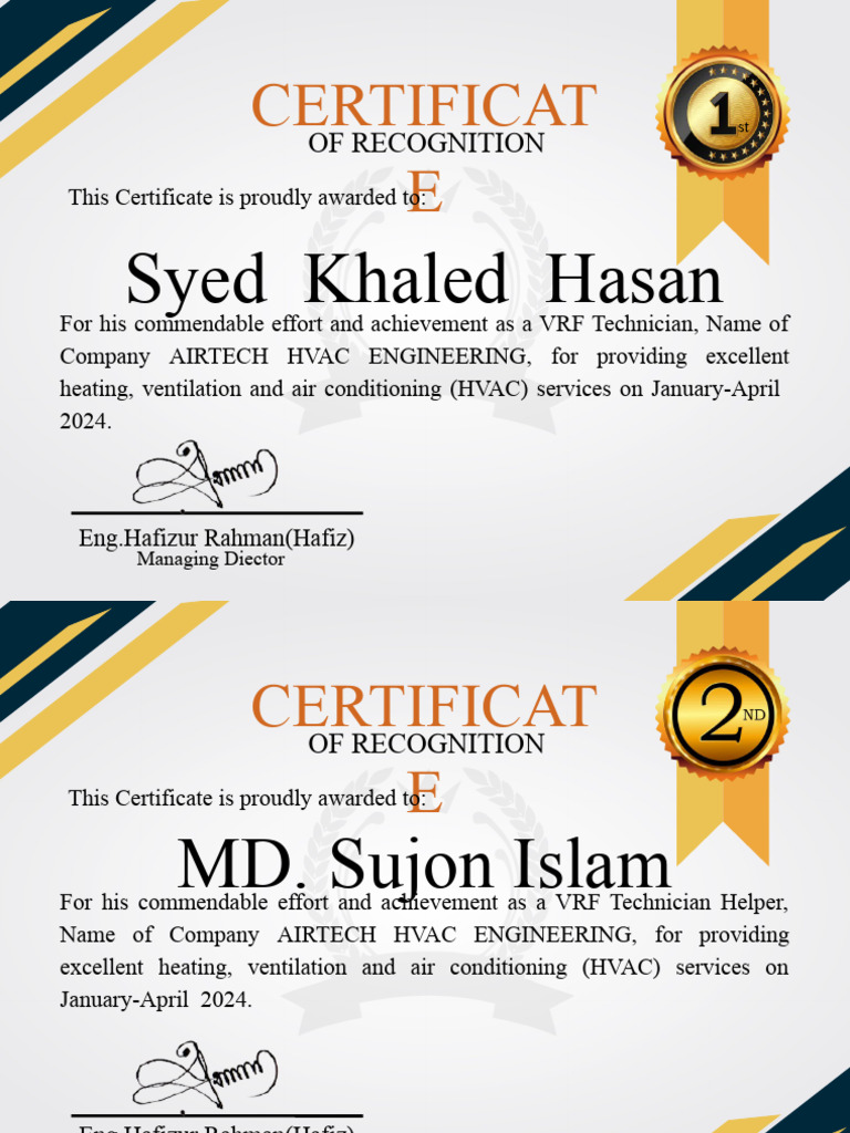 HVAC Technician Recognition Certificates | PDF | Technology & Engineering