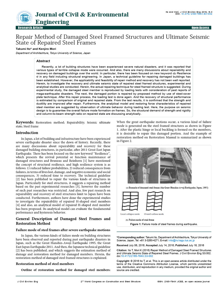 Repair Method of Damaged Steel Framed Structures and Ultimate Seismicstate of Repaired Steel ...