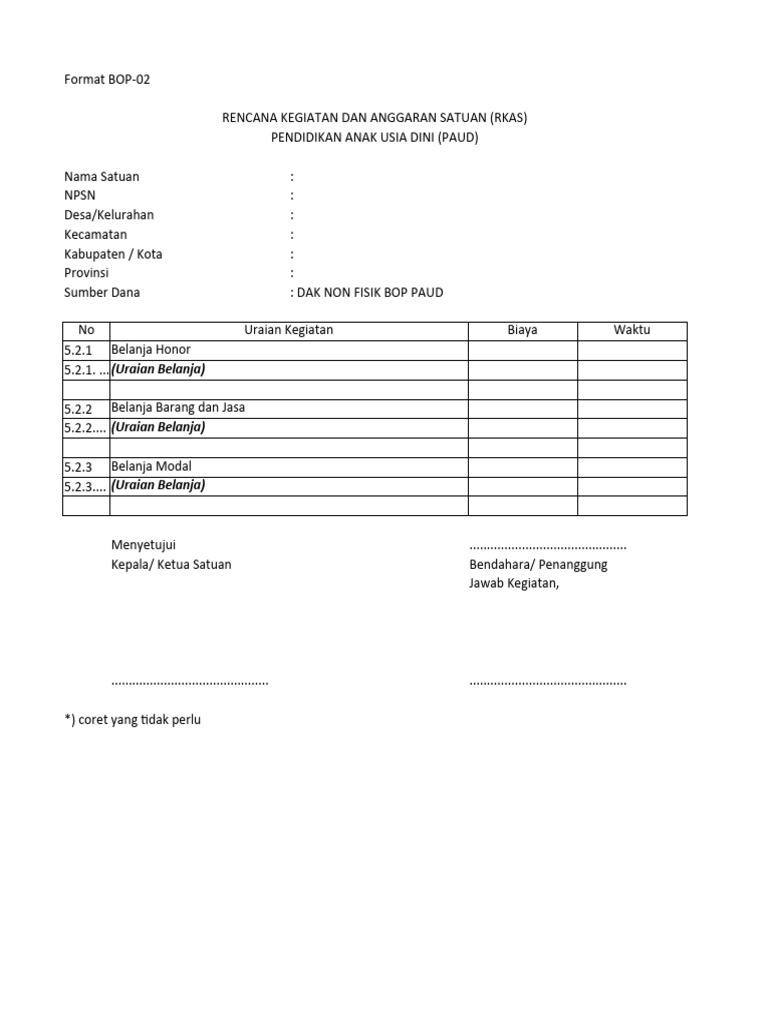 Form Rkas Global Dan Rinci Bop Paud Permendikbud 20 Tahap 2 2021-1 | PDF