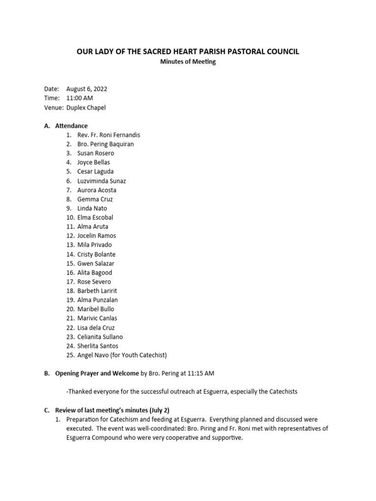 Minutes of Meeting PPC Aug 6 | PDF | Catechism | Rosary