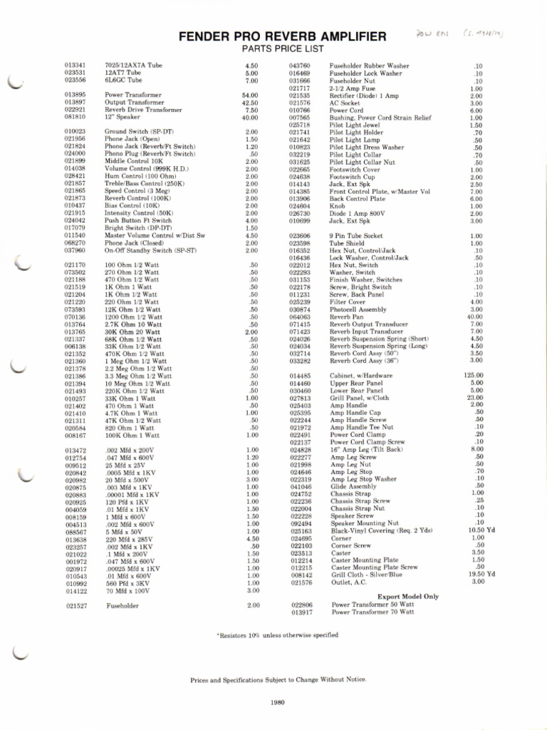 1980 Fender Service Doc Amps 7 Pro Reverb | PDF | Manufactured Goods | Components