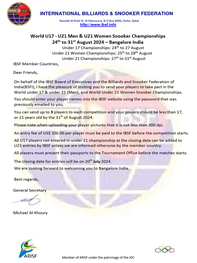 Invitation Letter For 2024 World U17 & U21 Men and U21 Women Snooker ...