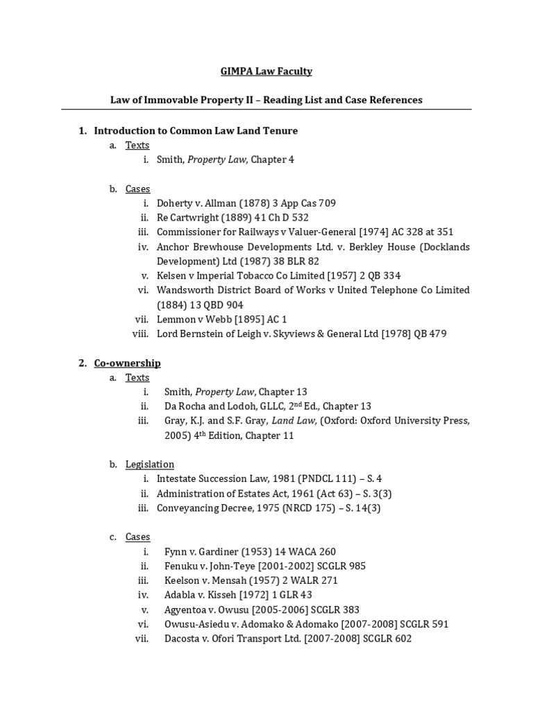 Reading List and Case Refs | PDF | Lease | Property Law
