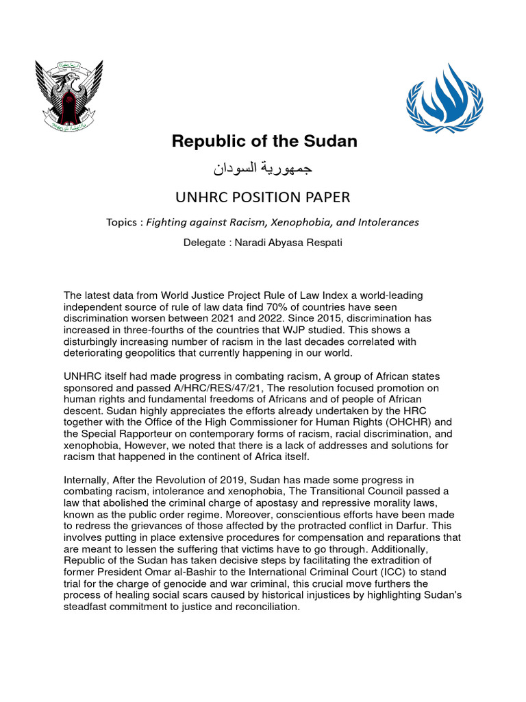Republic of The Sudan UNHRC Position Paper | PDF | Sudan | Human Rights