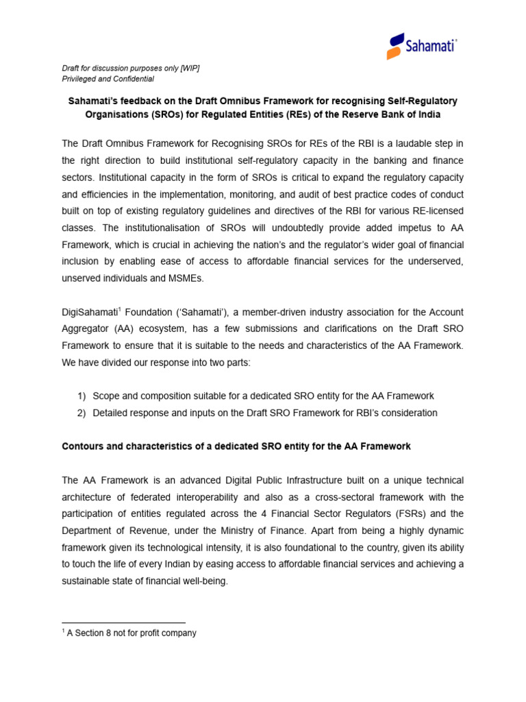 Sahamati Feedback On Draft SRO Framework 240125 | PDF | Governance | Reserve Bank Of India