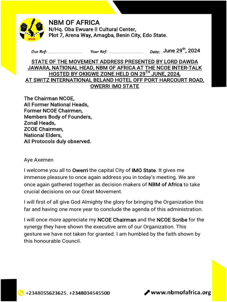 State of The Movement Address Presented by Lord Dawda Jawara, National ...