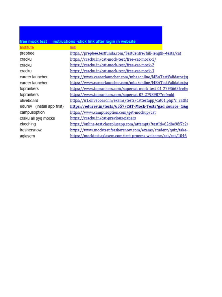 Free CAT Mock Test Links and Instructions | PDF