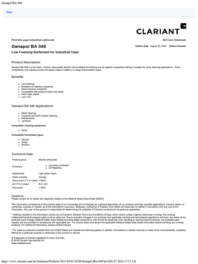 Genapol BA 040 | PDF | Surfactant | Ph