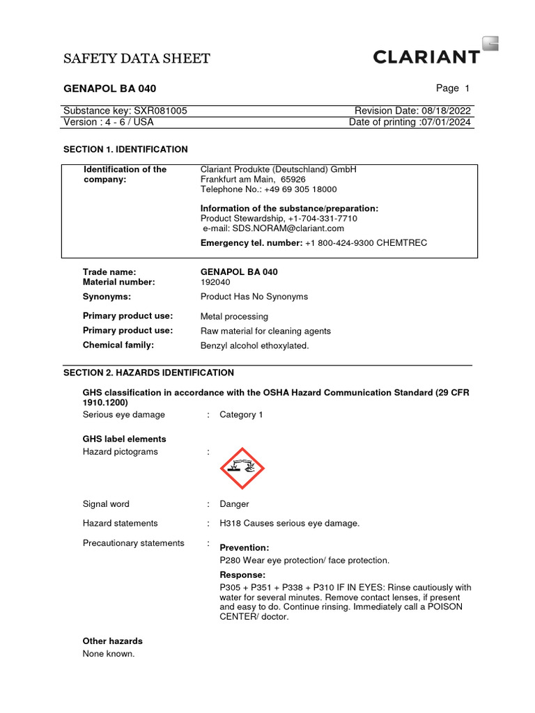 Genapol BA 040 Safety Data Sheet | PDF | Pollution | Occupational ...