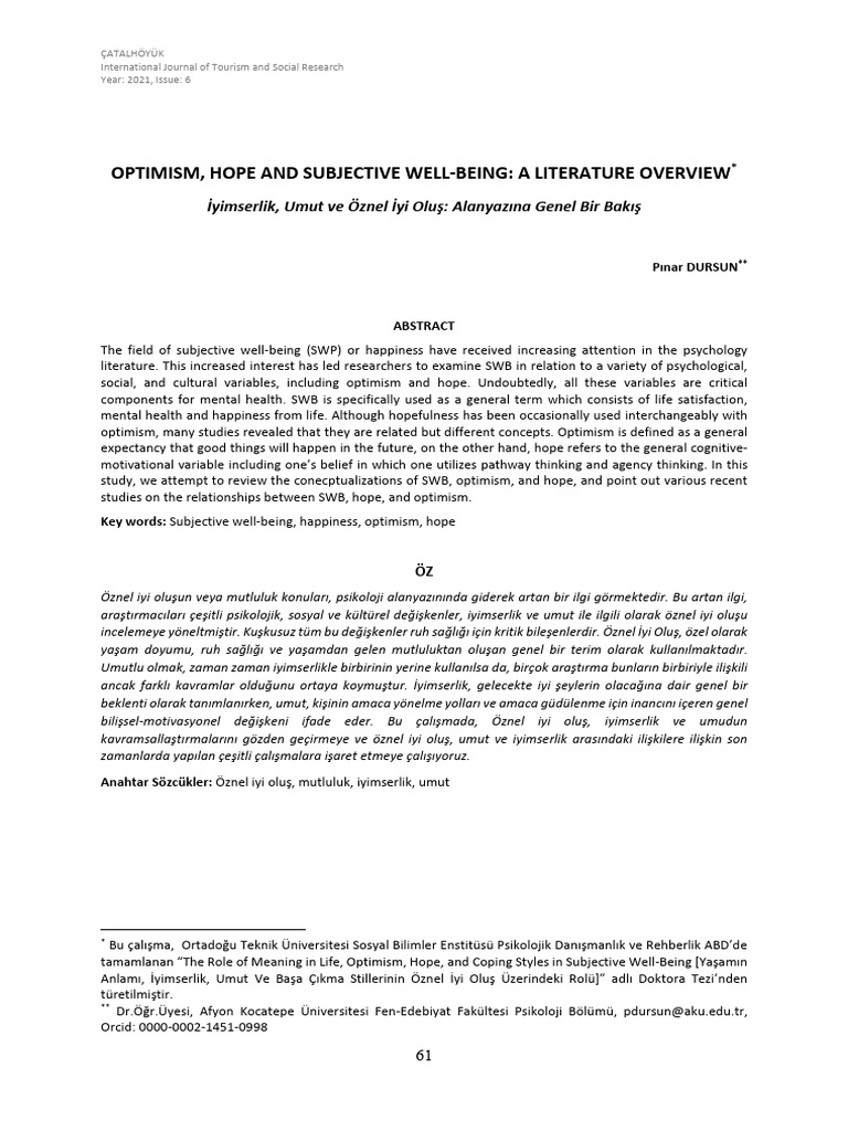 Optimism, Hope and Subjective Well-Being - A Literature Overview (#946124) - 1799809 | PDF ...