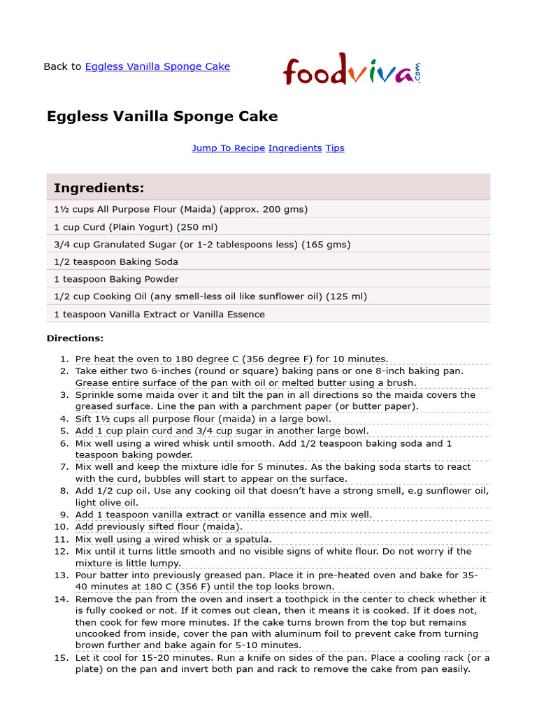 Eggless Vanilla Sponge Cake Recipe With Step by S | PDF | Cakes | Teaspoon