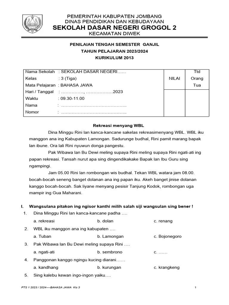 Soal Pts Bhs Jawa | PDF