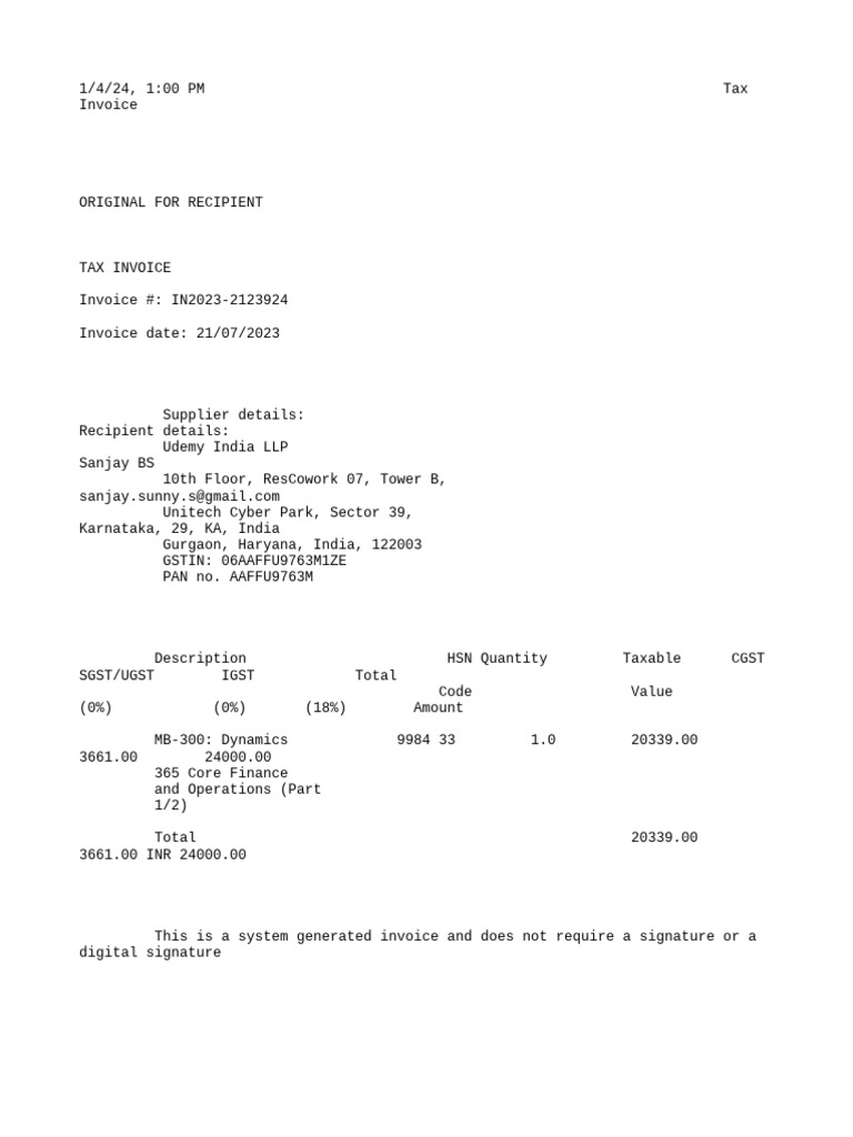 Udemy Tax Invoice | PDF | Finance & Money Management