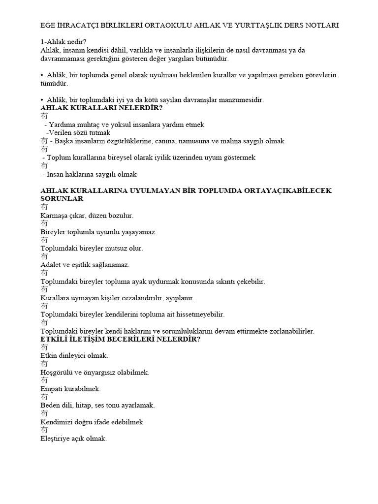 Ahlak Ve Yurttaşlık Ders Notları | PDF