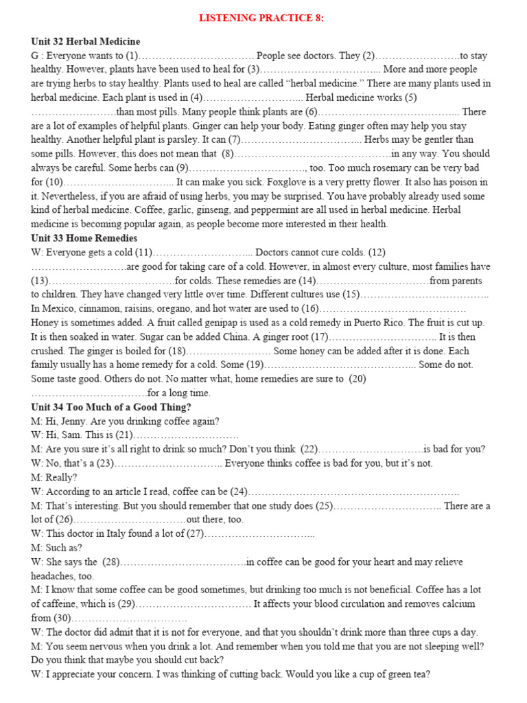 LISTENING PRACTICE 8 ĐỀ | PDF | Traditional Medicine