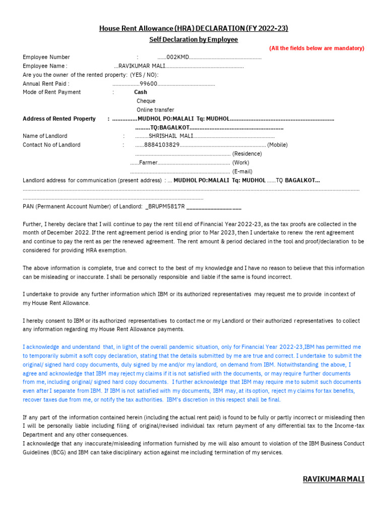 HRA DeclarationForm R | PDF | Taxes | Taxation
