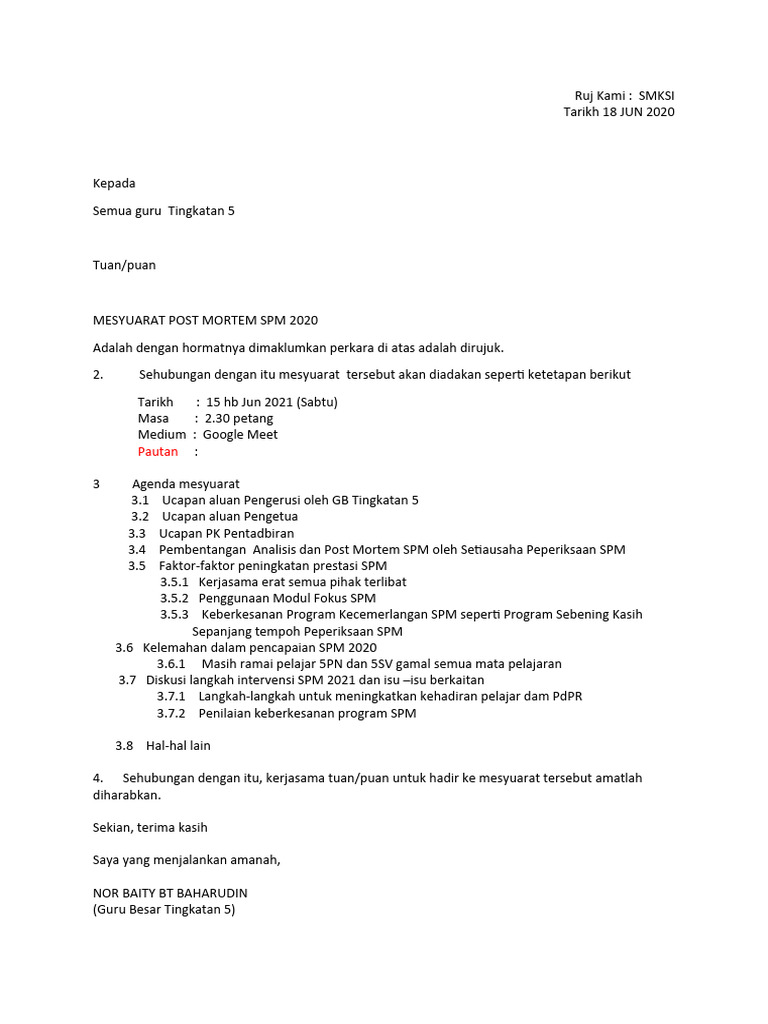 Surat Panggilan Mesyuarat Post Mortem SPM | PDF
