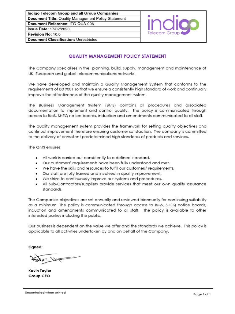 Quality Management Policy Statement | PDF