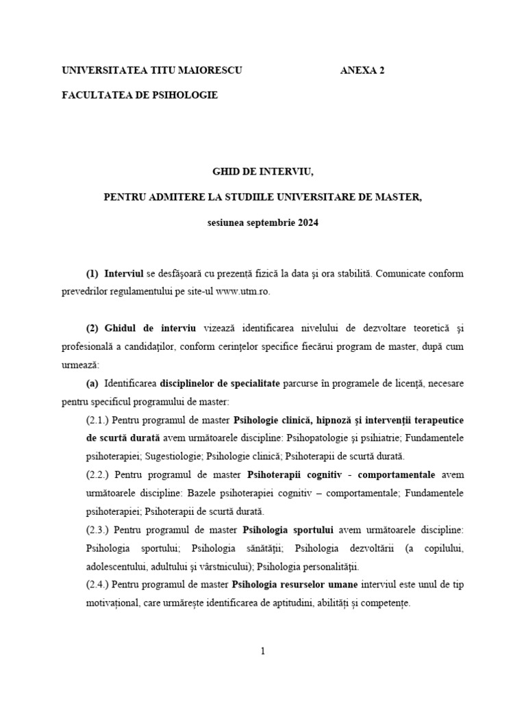 ANEXA 2 GHID DE INTERVIU ADMITERE MASTER Septembrie 2024 | PDF