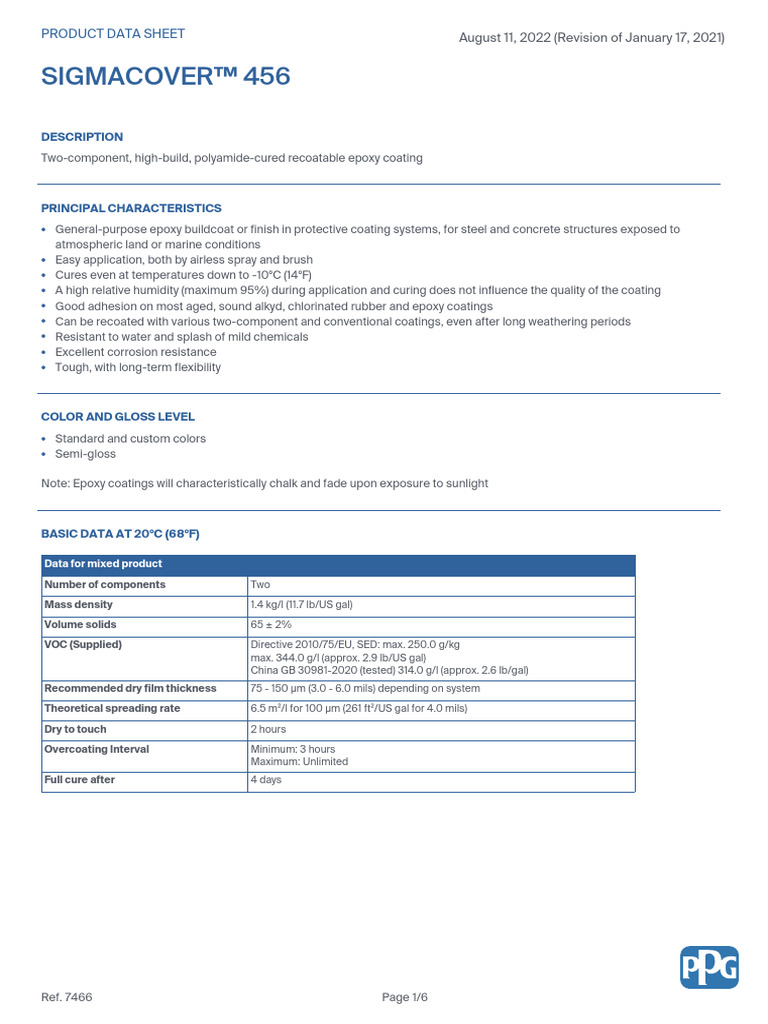 TDS PPG Sigma Cover 456 | PDF | Epoxy | Legal Liability