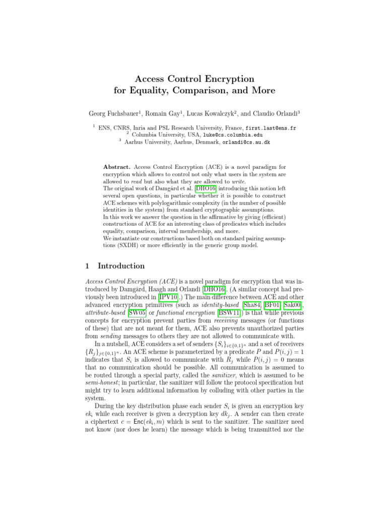 Access Control Encryption For Equality, Comparison, and More | PDF | Encryption | Key (Cryptography)