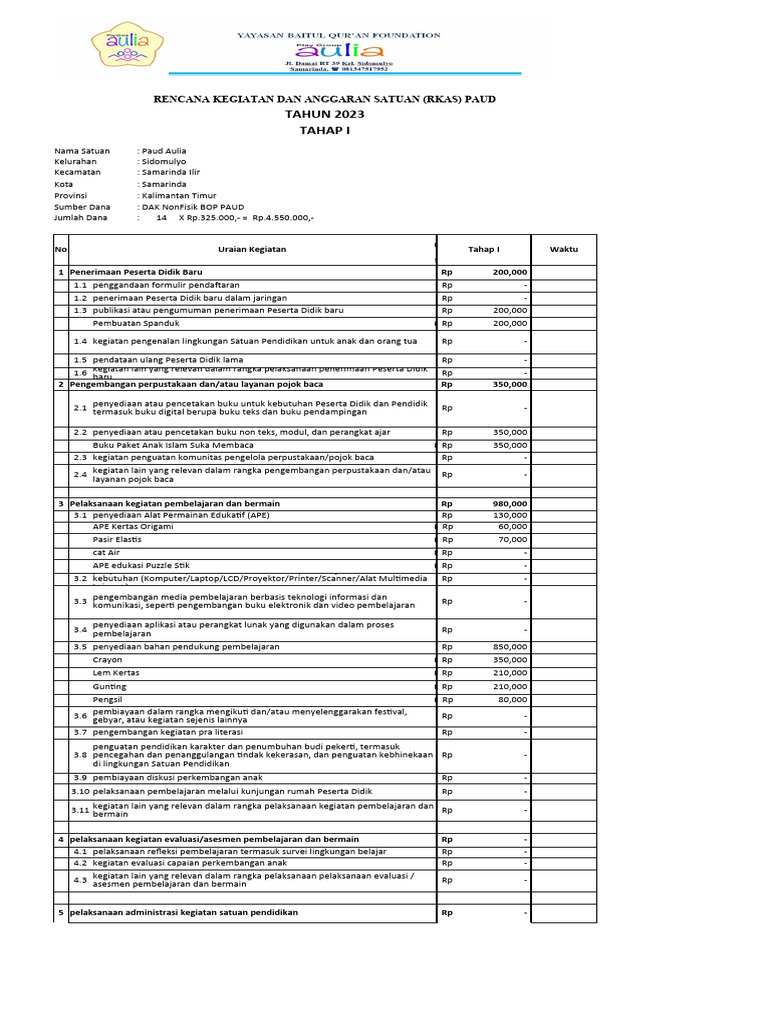 Rkas & Laporan Bop Paud 2023 | PDF