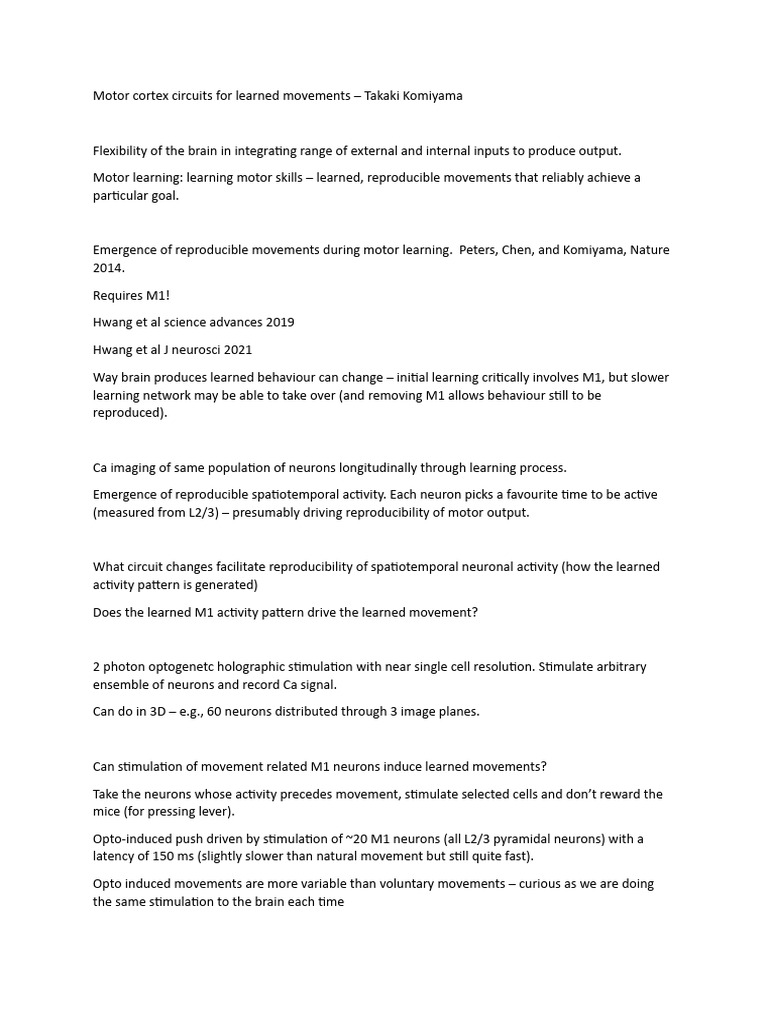 Motor Cortex Circuits For Learned Movements | PDF | Brain | Neuron