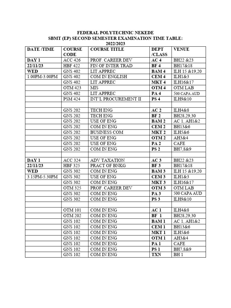2023 SBMT Second Sem Exam Time Table Ep | PDF