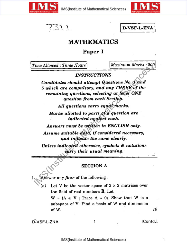 Ias Main 2011 Math Paper I | PDF