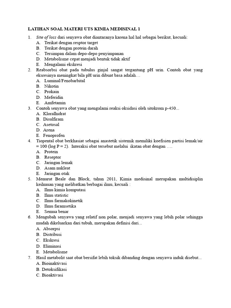 Latihan Soal UTS Kimia Medisinal | PDF | Kesehatan Holistik | Sains & Matematika