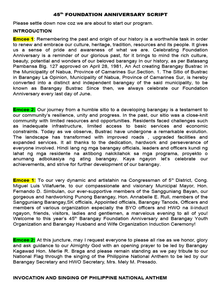 45th Foundation Anniversary Script | PDF