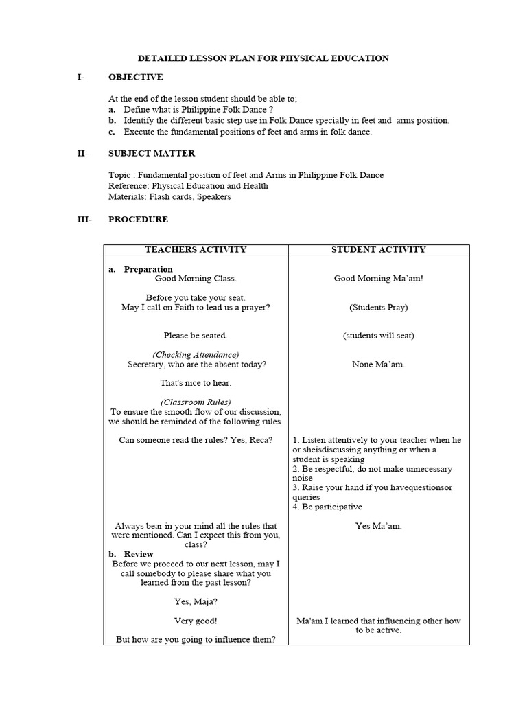 Detailed Lesson Plan For Physical Educat | PDF | Dances | Lesson Plan