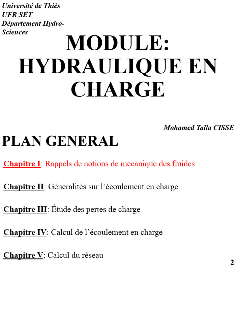 Hydraulique en Charge - Chap - 1 | PDF | Dynamique des fluides | Pression